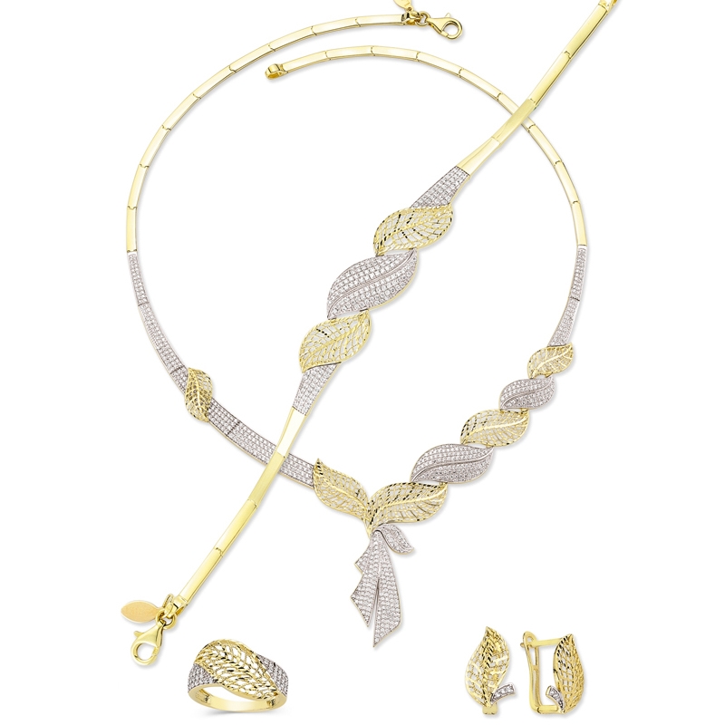 Çift Renkli Yaprak Tasarımlı Altın Set Modelleri St321 Fiyatı - Altın Plaza