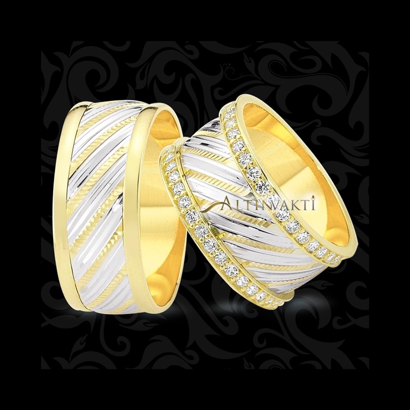 İki Renkli Çift & Tek Altın Alyans (bayan Taş Efektli) Fiyatı - Altın Plaza
